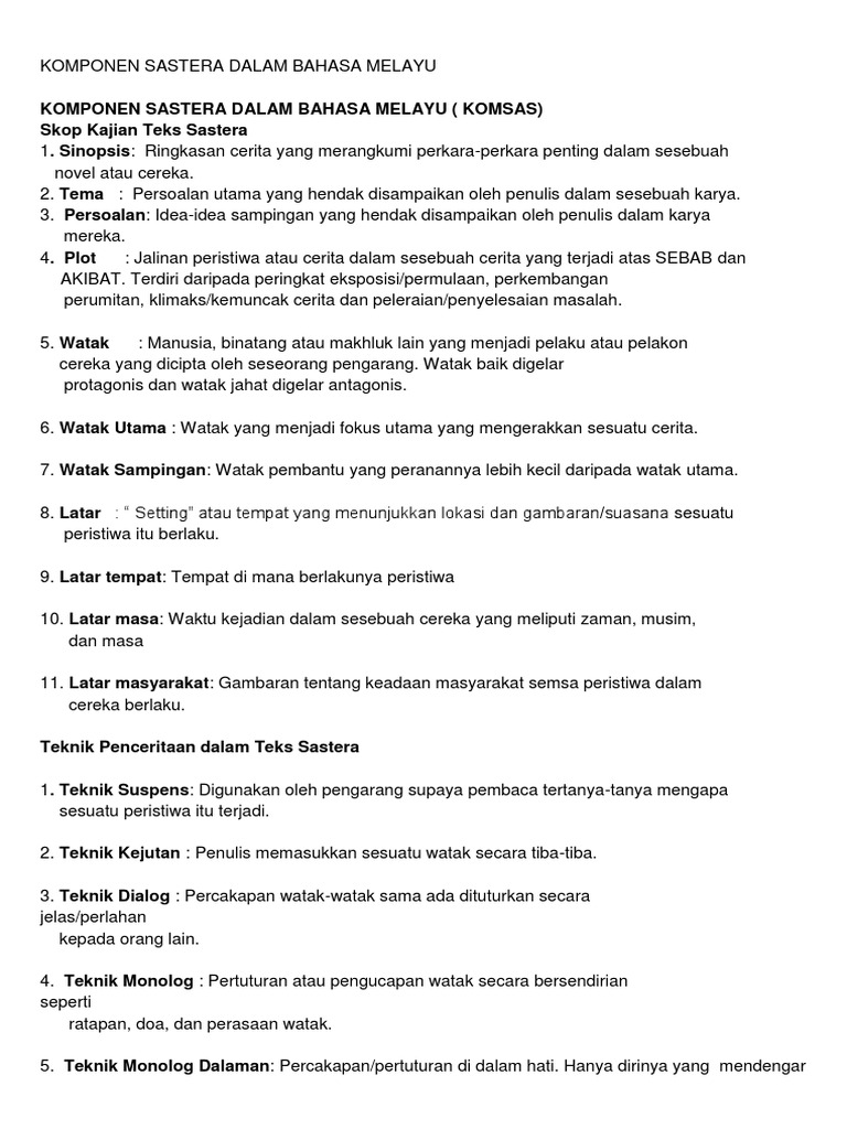 Komponen Sastera Bahasa Melayu | PDF