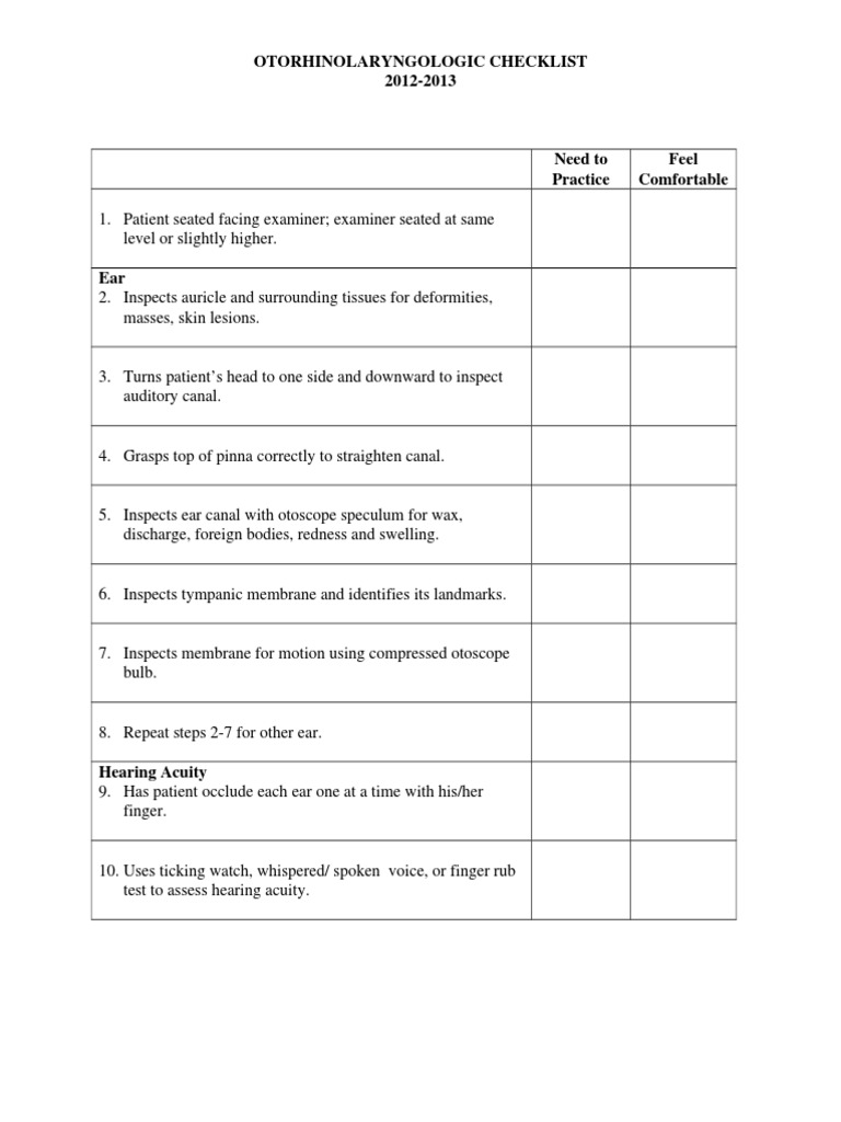ENT Examination Checklist 2012-2013 | PDF | Neck | Ear