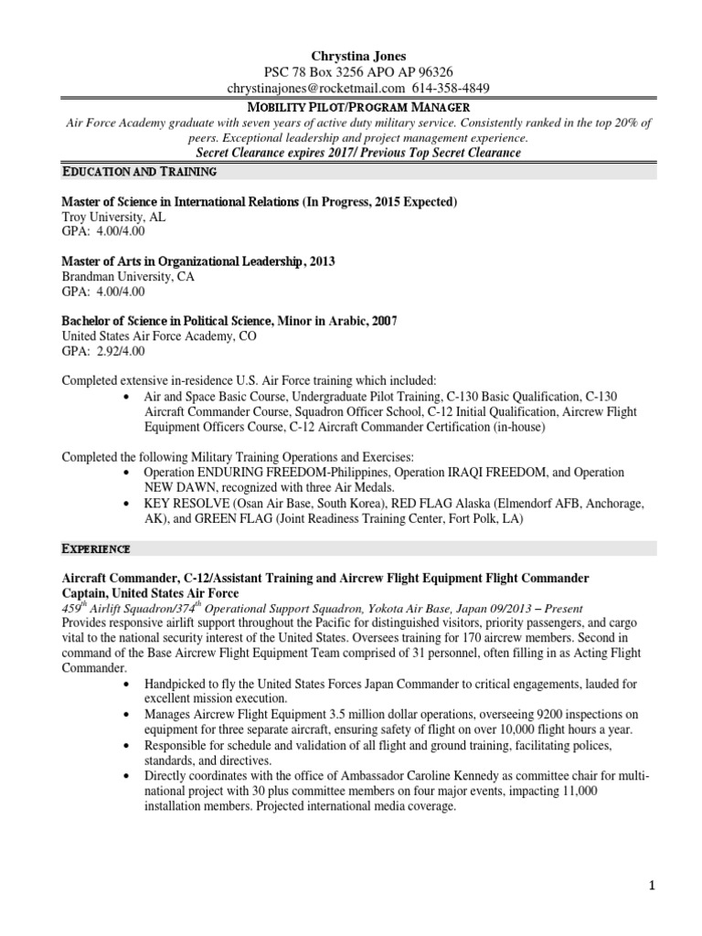 Af Pilot Resume Chrystina Jones Cao 24 Jan 13 | PDF | United States Air ...