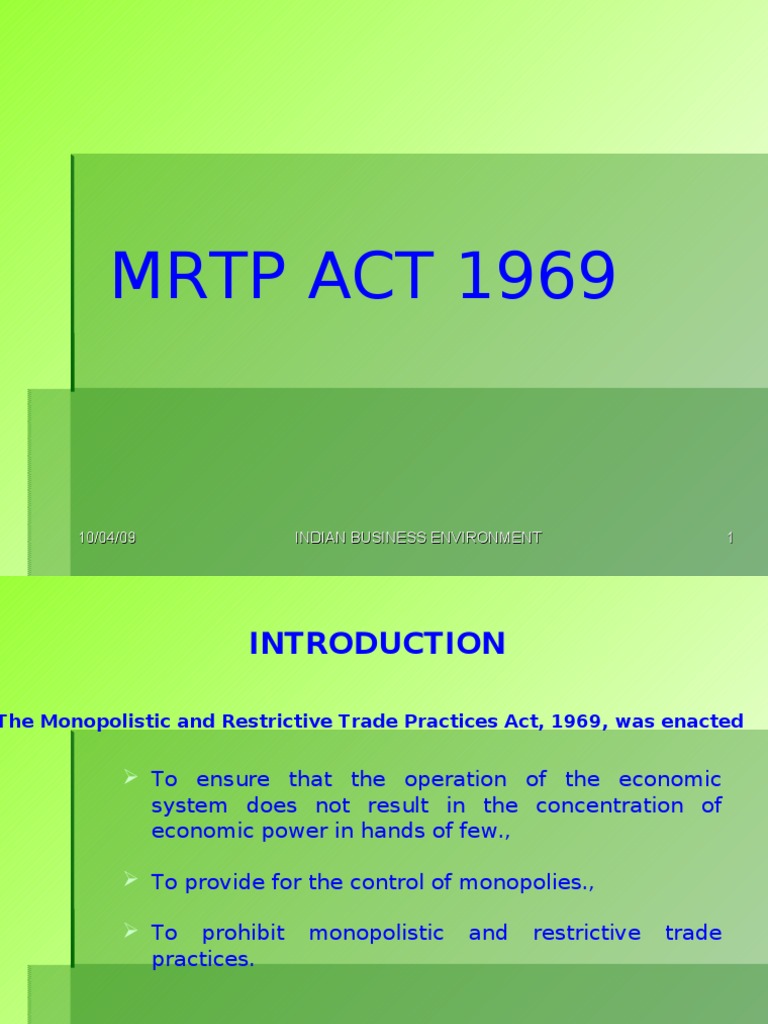 MRTP Act 1969: Control of Monopolies | PDF | Monopoly | Trade