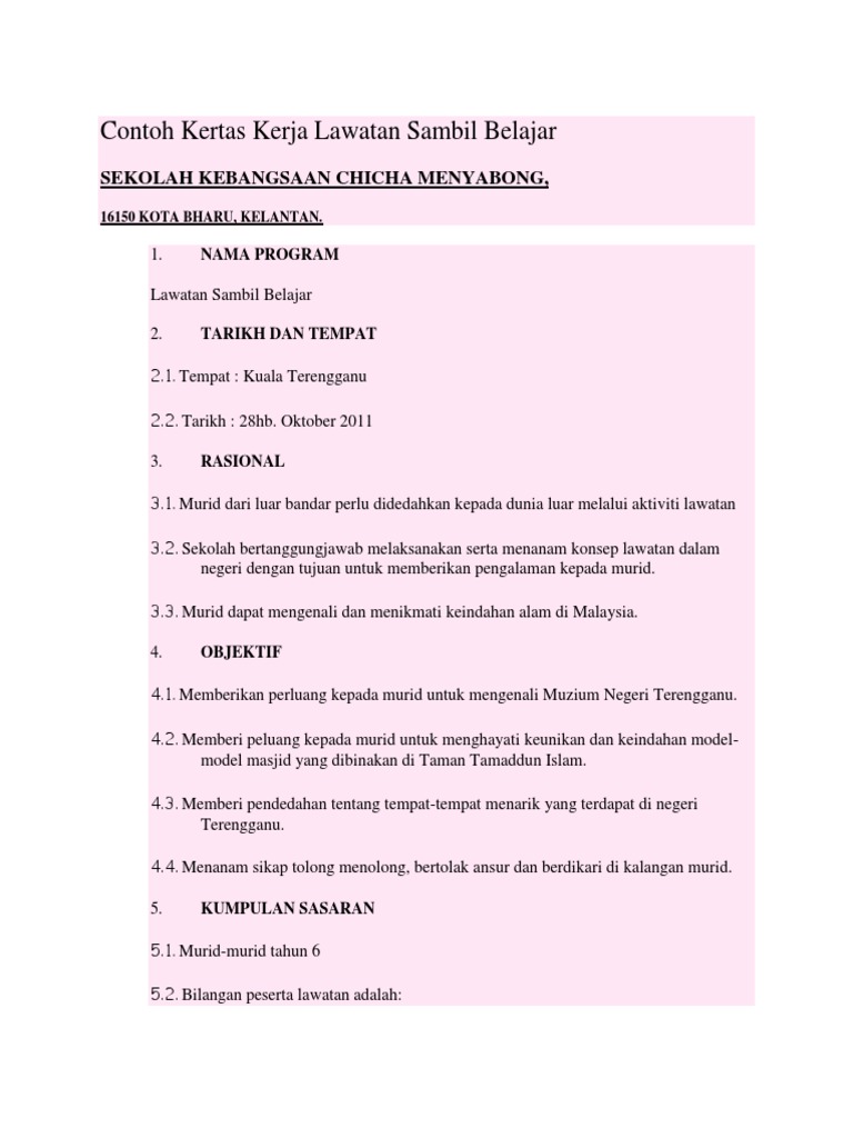 Contoh Kertas Kerja Lawatan Sambil Belajar | PDF