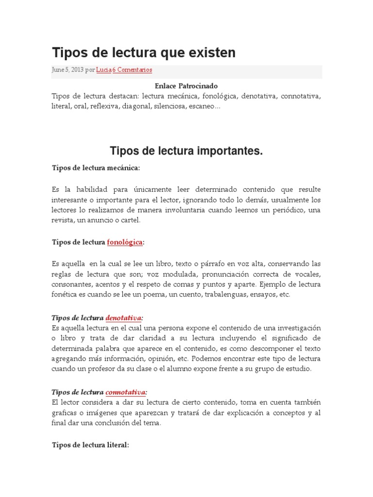 Tipos de Lectura Que Existen | PDF | Lectura (proceso) | Ciencia cognitiva