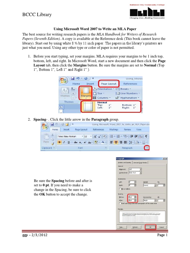 BCCC Library: Using Microsoft Word 2007 To Write An MLA Paper | PDF ...