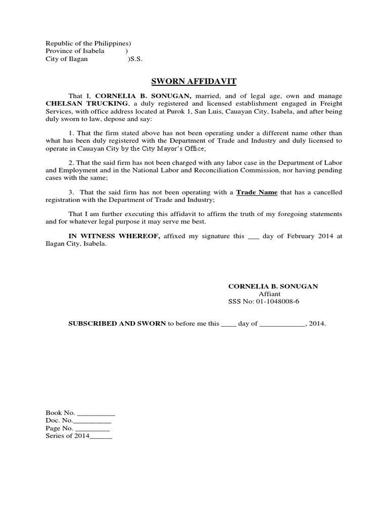 Sample Sworn Affidavit For Contractors | PDF | Affidavit | Legal Procedure