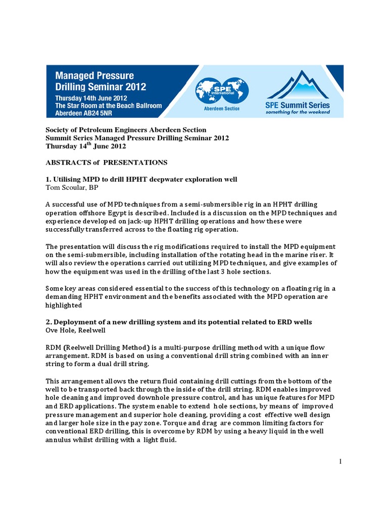 Managed Pressure Drilling (SPE MPD Seminar Abstracts) | PDF | Drilling ...