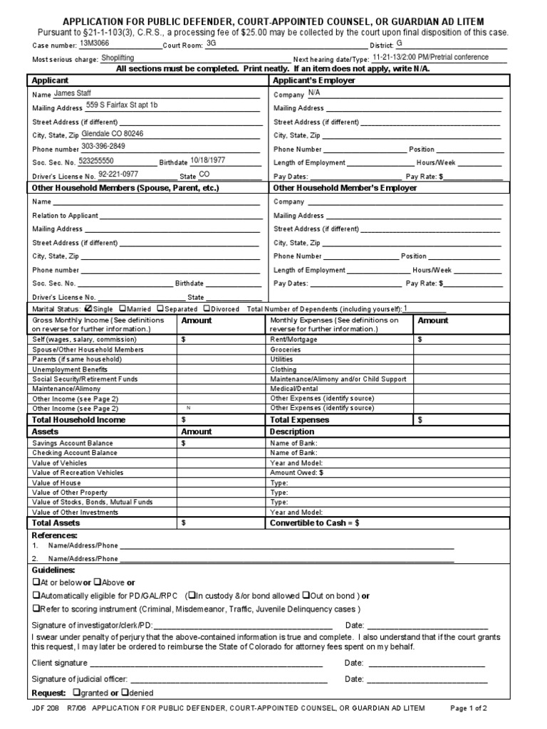 Application For Public Defender | PDF | Social Security (United States ...