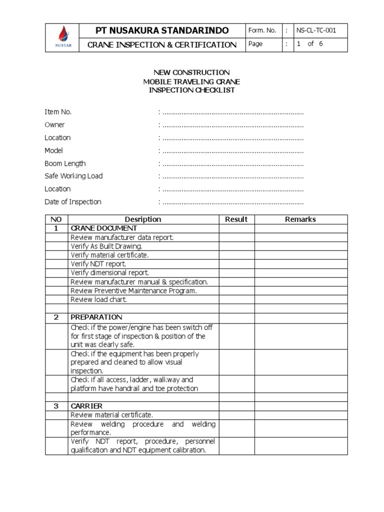 Checklist Mobil Crane PT Nusakura | PDF | Crane (Machine) | Clutch