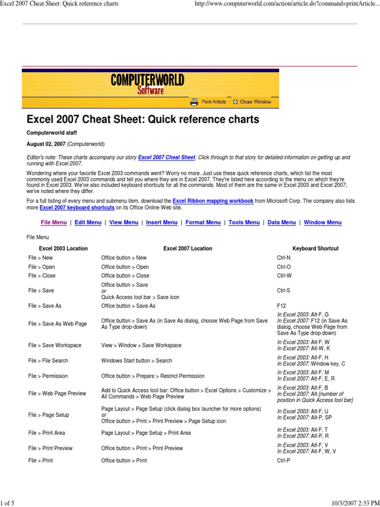 Excel 2007 Cheat Sheet Quick | Download Free PDF | Microsoft Excel ...