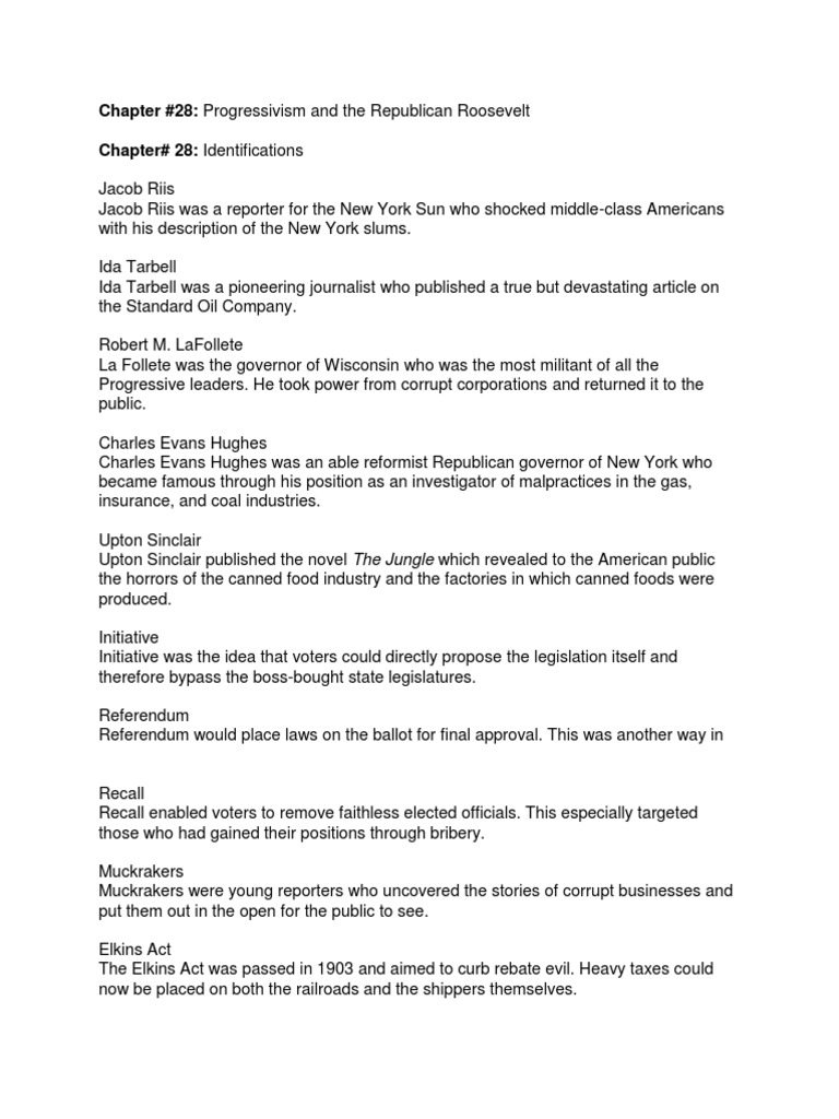 Chapter 28 and 29 Study Guide | PDF | Theodore Roosevelt | Muckraker