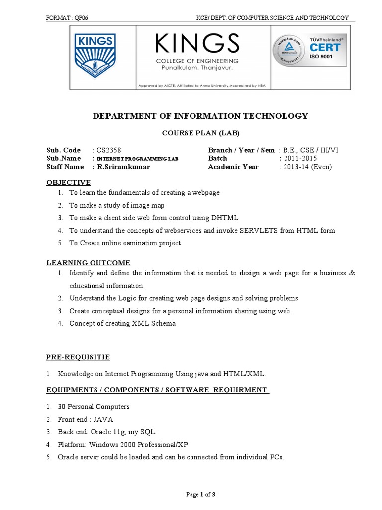 Cs2258 Dbms Lab Lesson Plan | PDF