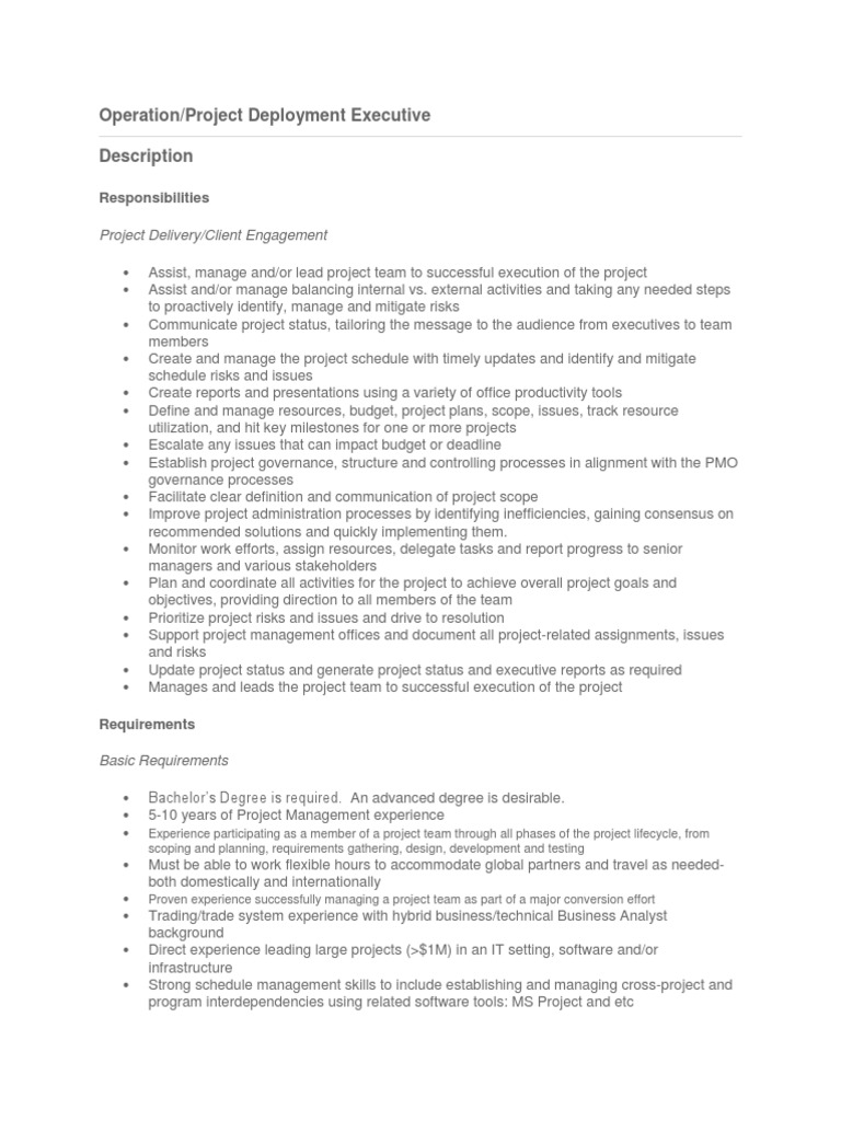 Project Deployment Executive Role Overview | PDF | Project Management ...