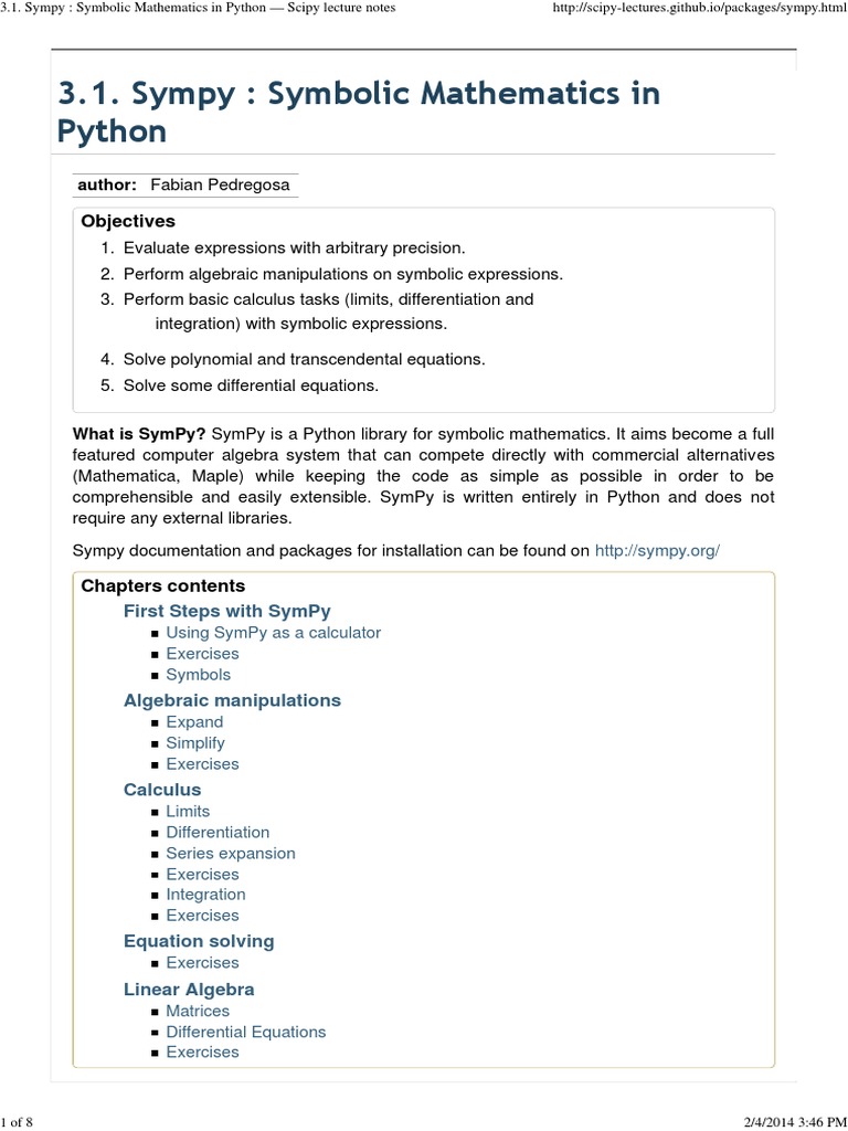 Symbolic Mathematics in Python - Scipy Lecture Notes | Download Free ...