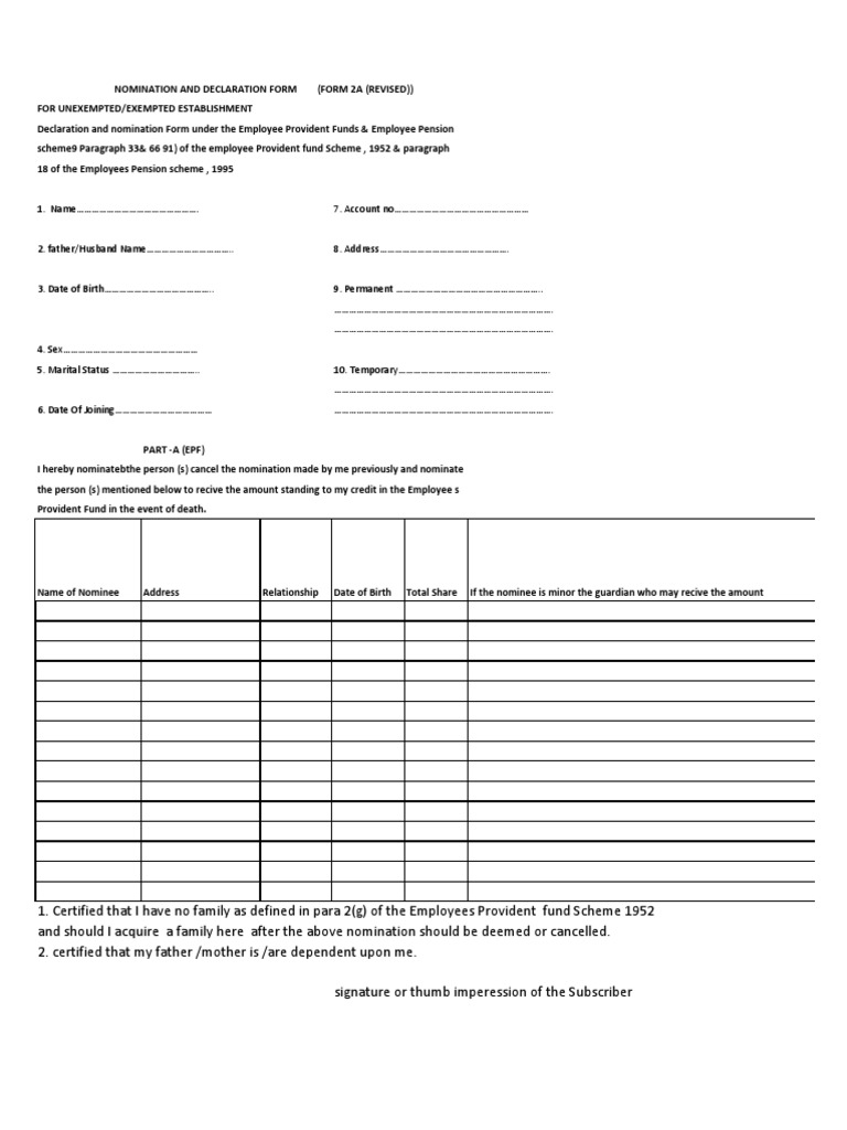 PF Nomination and Declaration Form 2A | Download Free PDF | Pension ...