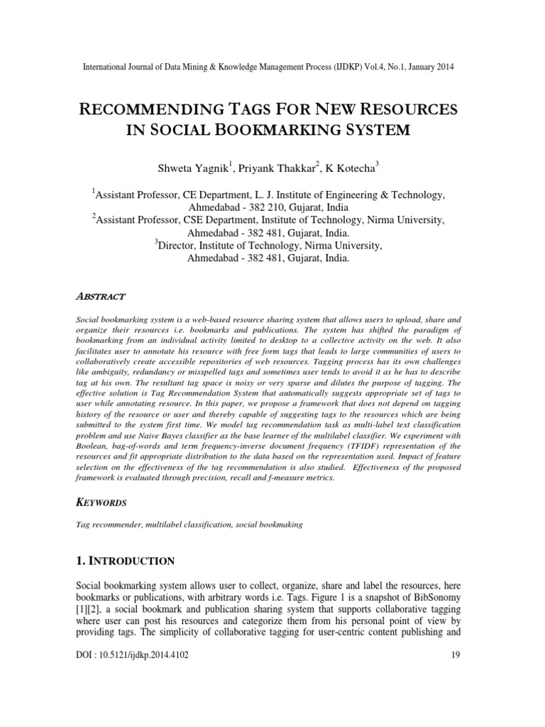 Tag Recommendation in Social Bookmarking | PDF | Tag (Metadata ...