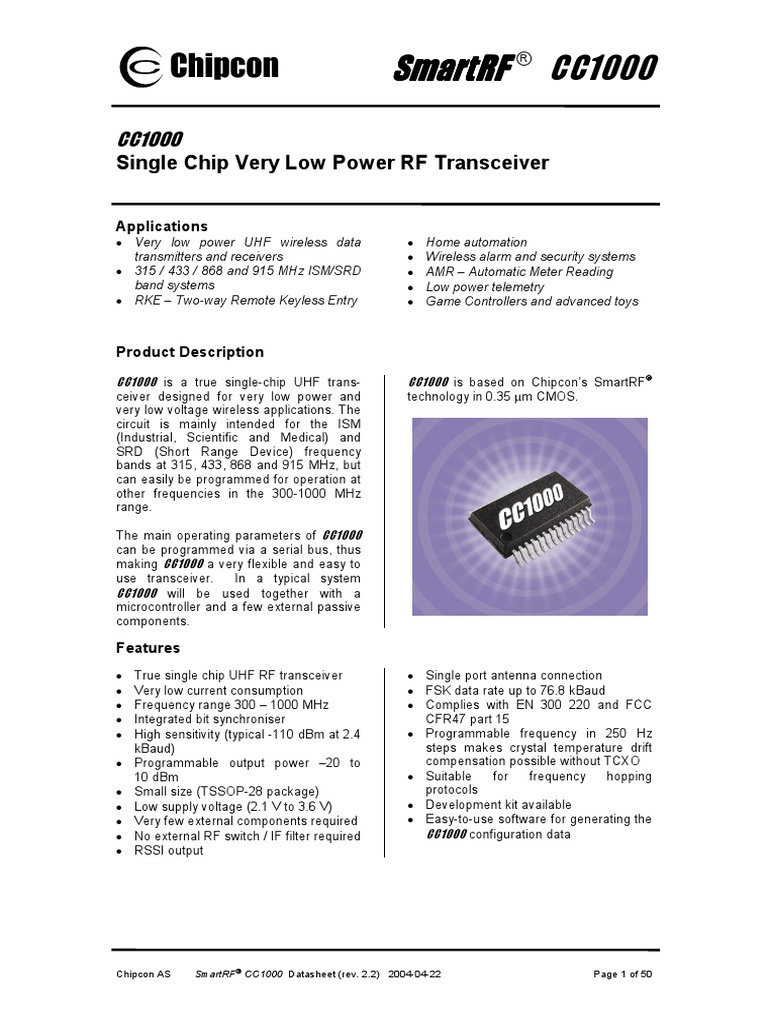 CC1000 Data Sheet 2 2 | PDF | Amplifier | Modulation