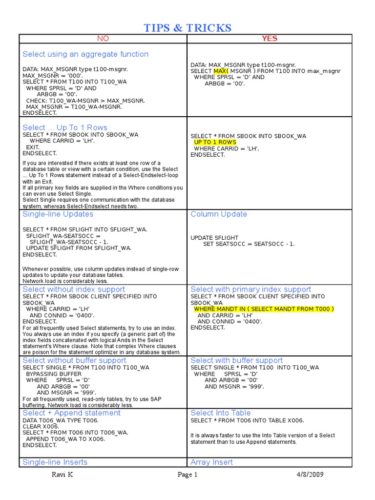 ABAP Programming Tips Tricks | PDF | Database Index | Sql