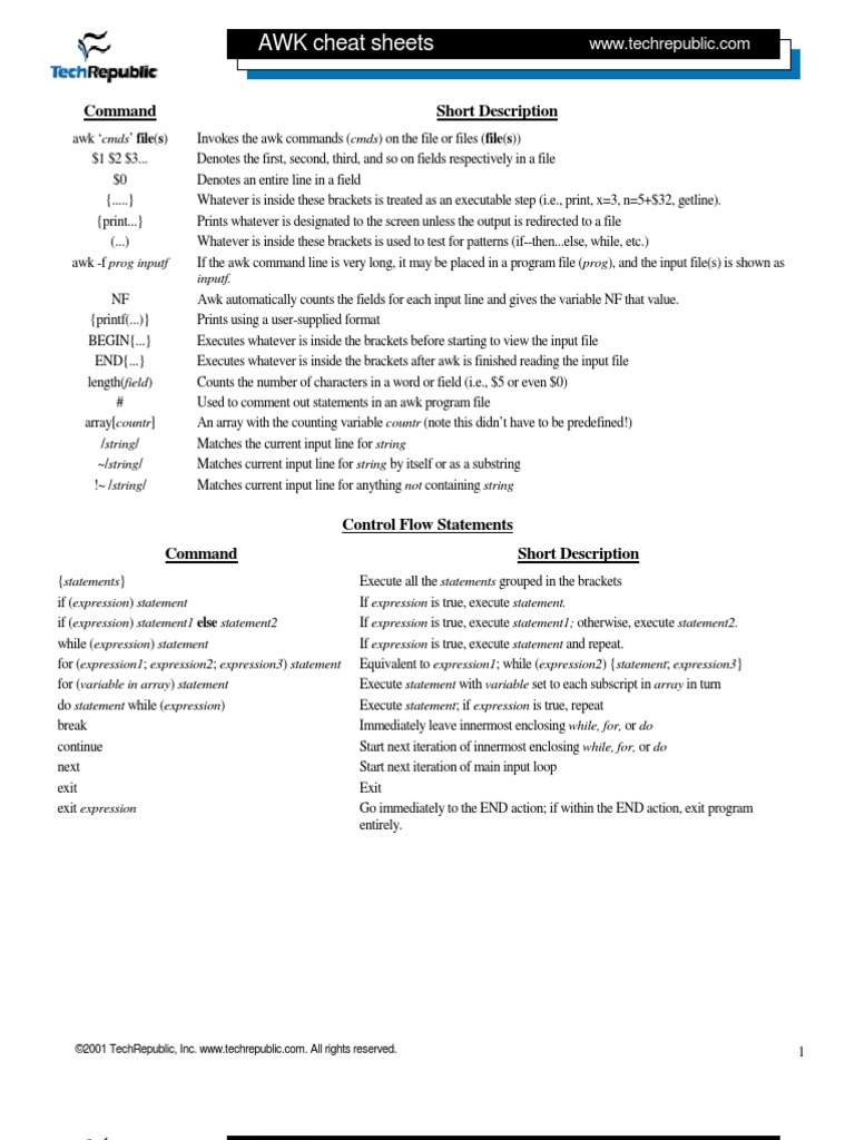 AWK Cheat Sheets: Command Short Description | PDF | Control Flow | String (Computer Science)