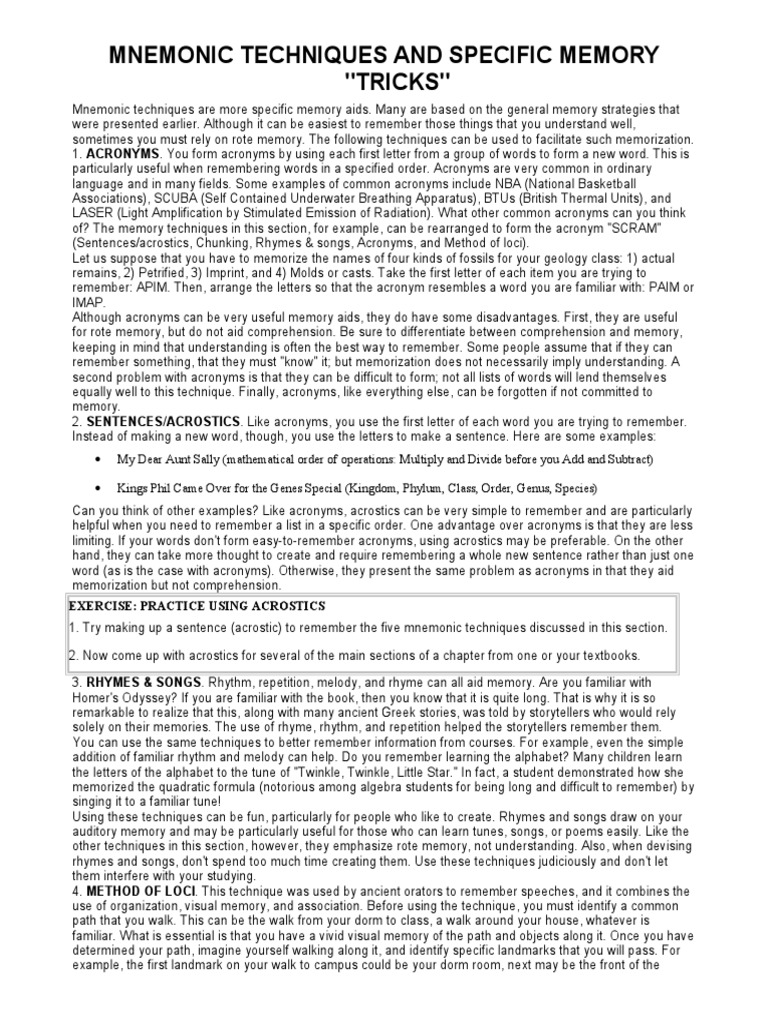 Mnemonic Techniques and Specific Memory | PDF | Mnemonic | Memory