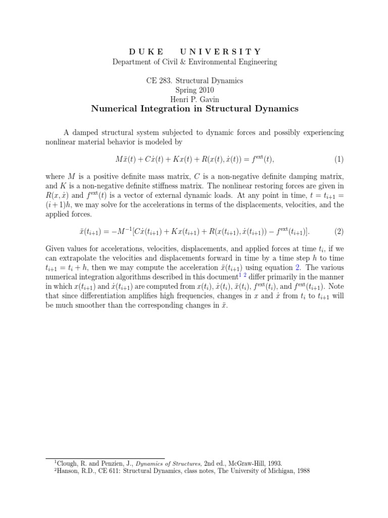 Numerical Integration in Structural Dynamics: Duke University | PDF | Mathematical Analysis ...