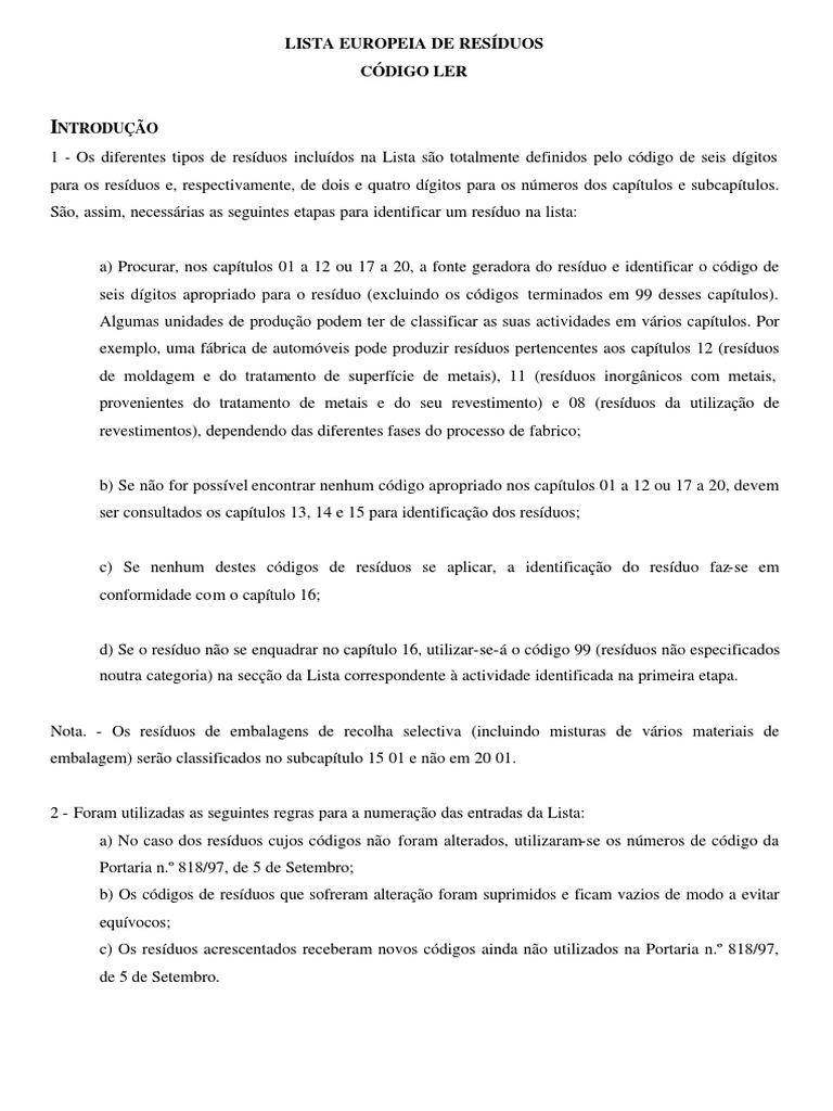 Código LER - Lista Europeia de Resíduos | PDF | Gastronomia, comida e ...