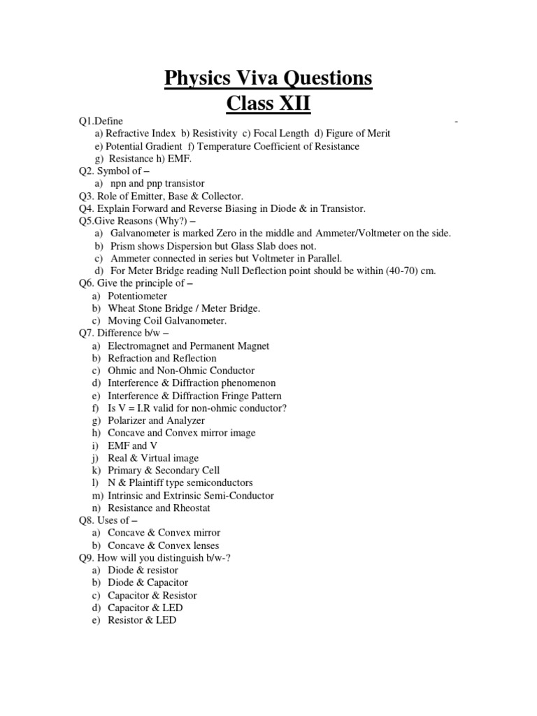 Physics Viva Questions Class XII | PDF | Lens (Optics) | Prism