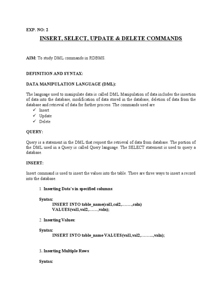 Insert, Select, Update & Delete Commands | Download Free PDF | Areas Of ...