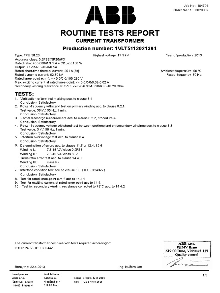 Current Transformer (TPU 50.23) - FAT Reports | PDF | Volt | Transformer