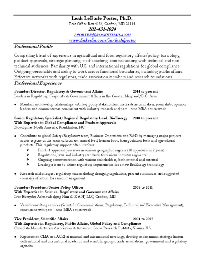 Regulatory Government Policy Industry in Washington DC Resume Leah ...