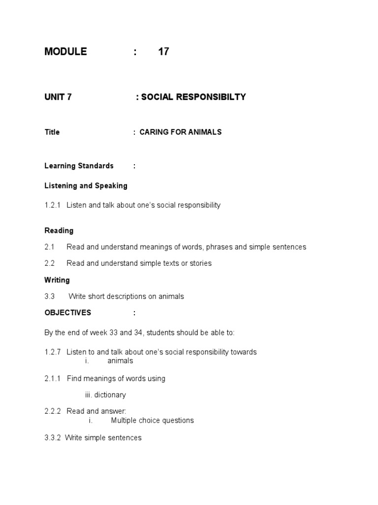 Module 17 - Unit 7 - Caring For Animals | PDF