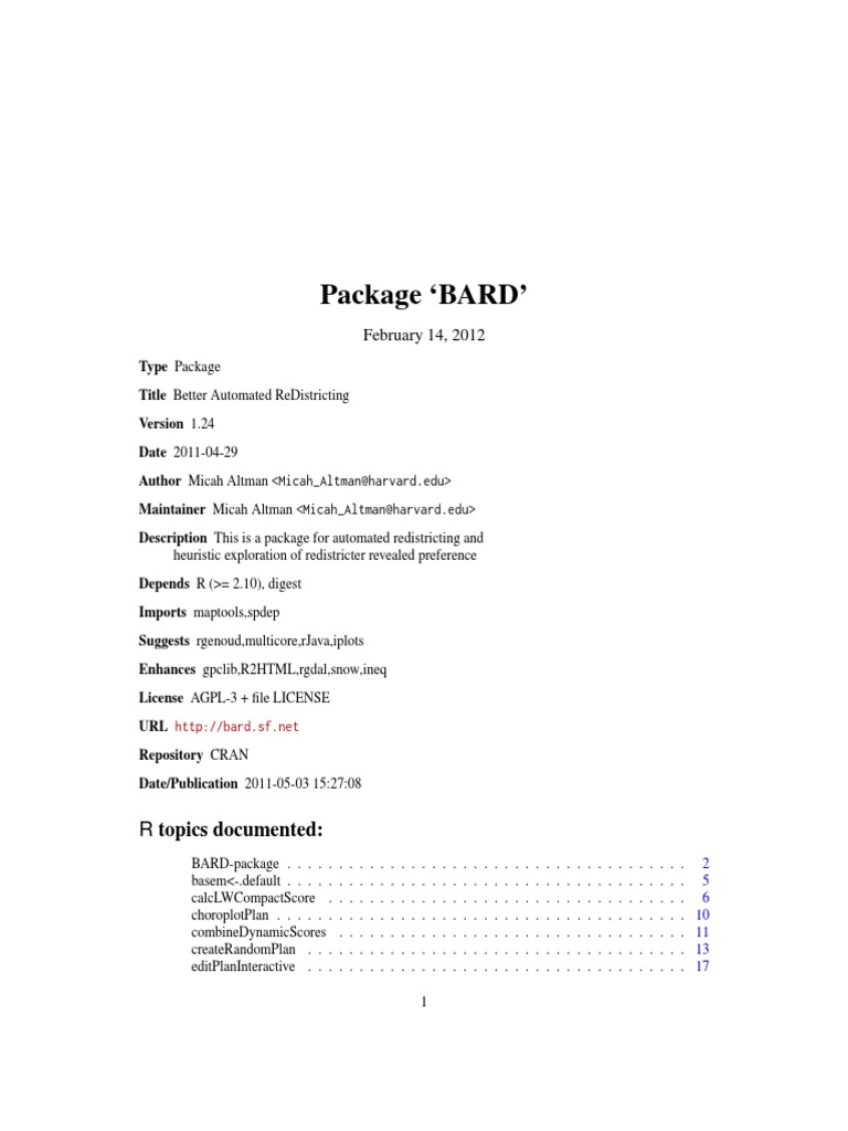Package BARD': R Topics Documented | PDF | Gerrymandering | Parameter (Computer Programming)