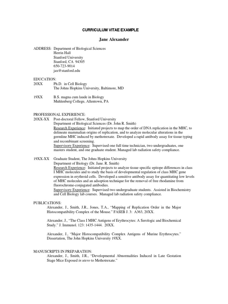 Jane Alexander: Curriculum Vitae Example | PDF | Gel Electrophoresis ...