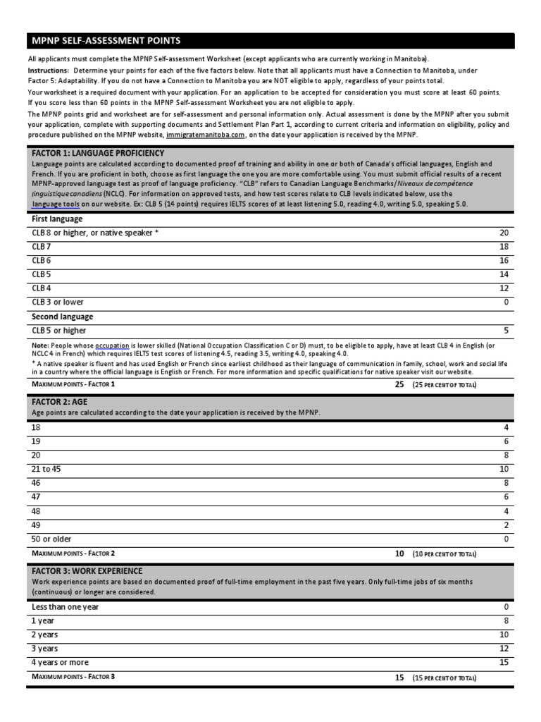 Manitoba Immigration MPNP Points Worksheet Interactive | PDF ...
