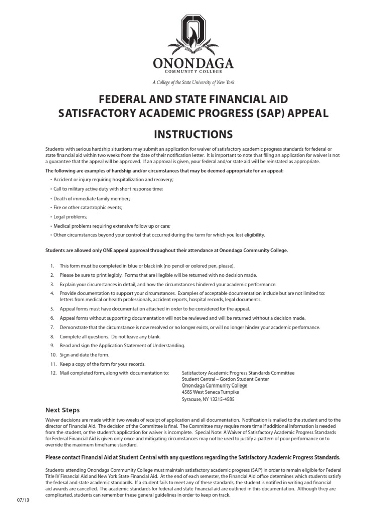 SAP Appeal Instructions and Application | PDF | Student Financial Aid ...