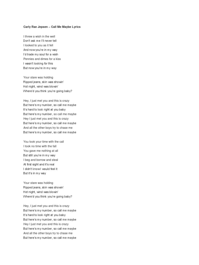 Carly Rae Jepsen - Call Me Maybe Lyrics | PDF | Leisure