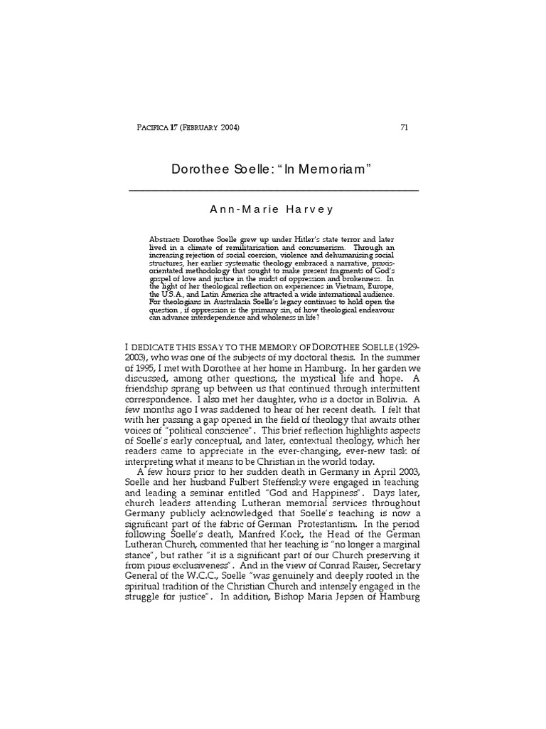 In Memoriam Dorothee Soelle | PDF | Political Theology | Theology