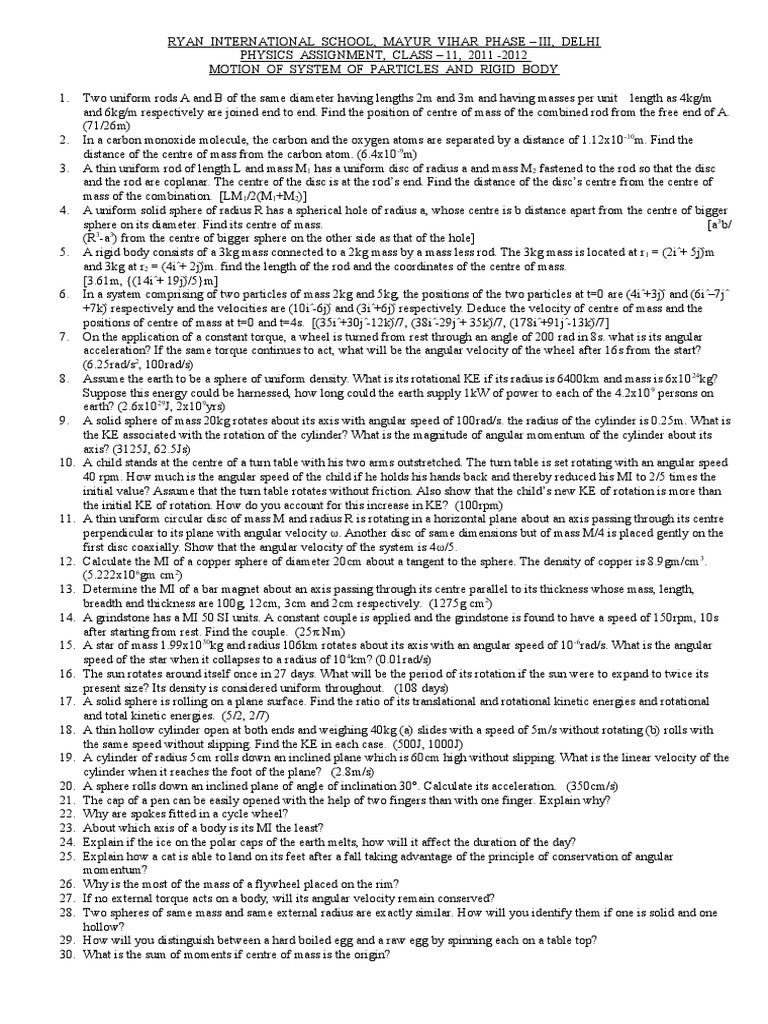 Assignment 11 Rotational Motion | PDF | Rotation Around A Fixed Axis ...