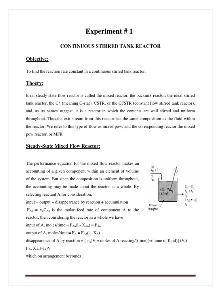 Experiment # 1: Continuous Stirred Tank Reactor Objective | Download Free PDF | Chemical Reactor ...