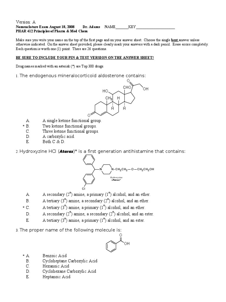 Nomenclature Exam for PHAR 412 | PDF | Functional Group | Organic Chemistry