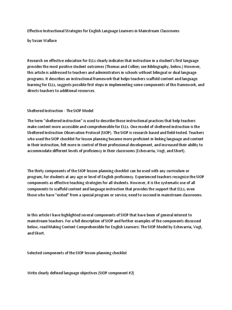 Effective Instructional Strategies For English Language Learners in Mainstream Classrooms | PDF ...