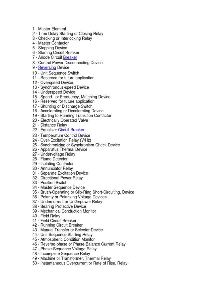 ANSI Codes for Protection Functions | Relay | Switch