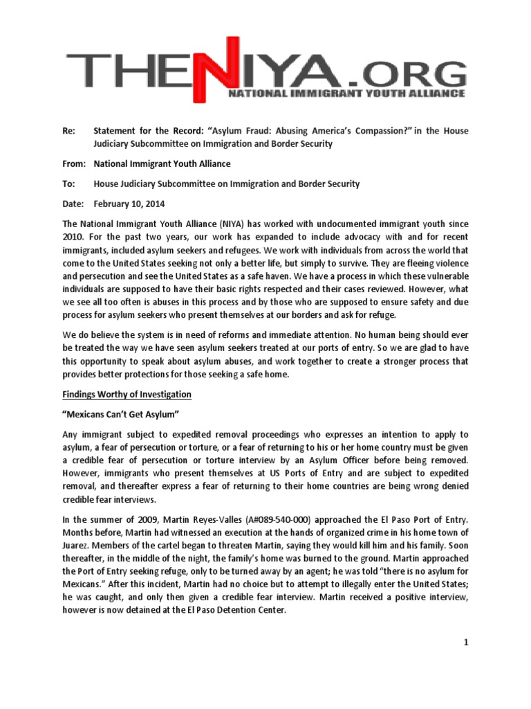 NIYA Statement Re: "Asylum Fraud: Abusing America's Compassion ...