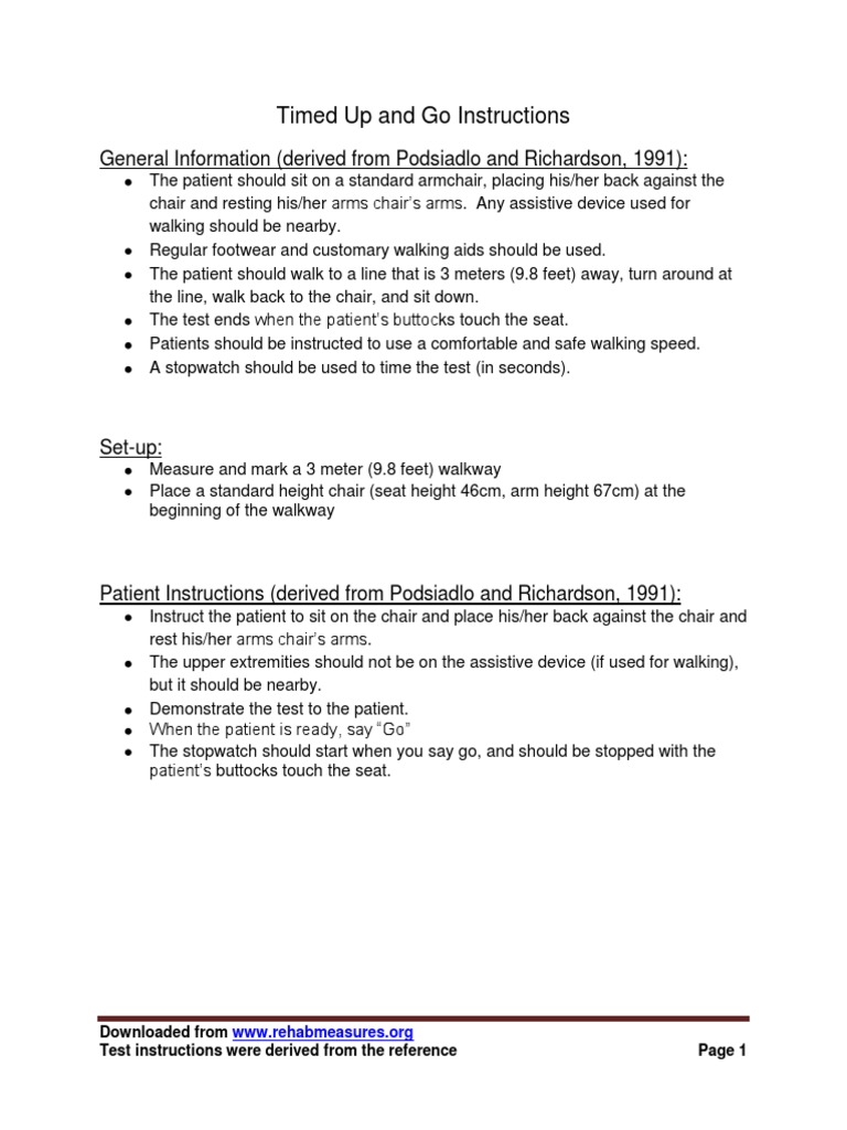 Timed Up and Go Test Instructions | PDF