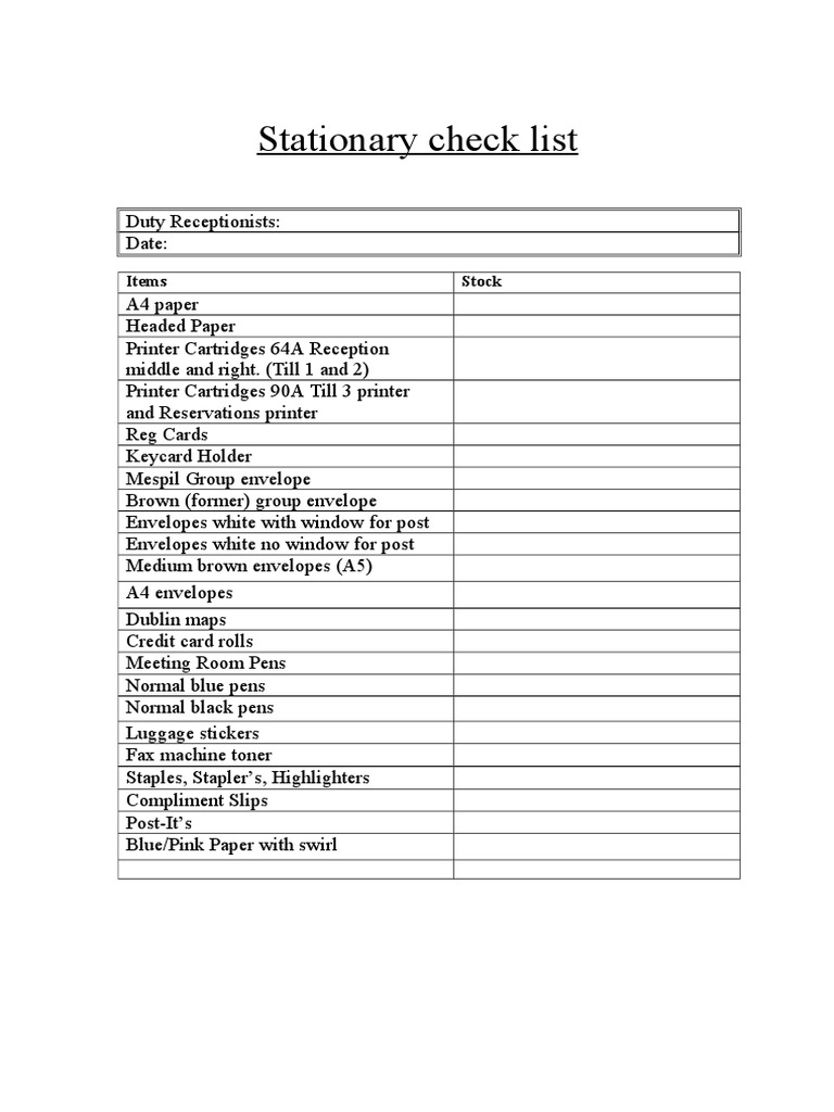 Receptionist Stationery Checklist | PDF | Foreign Language Studies ...