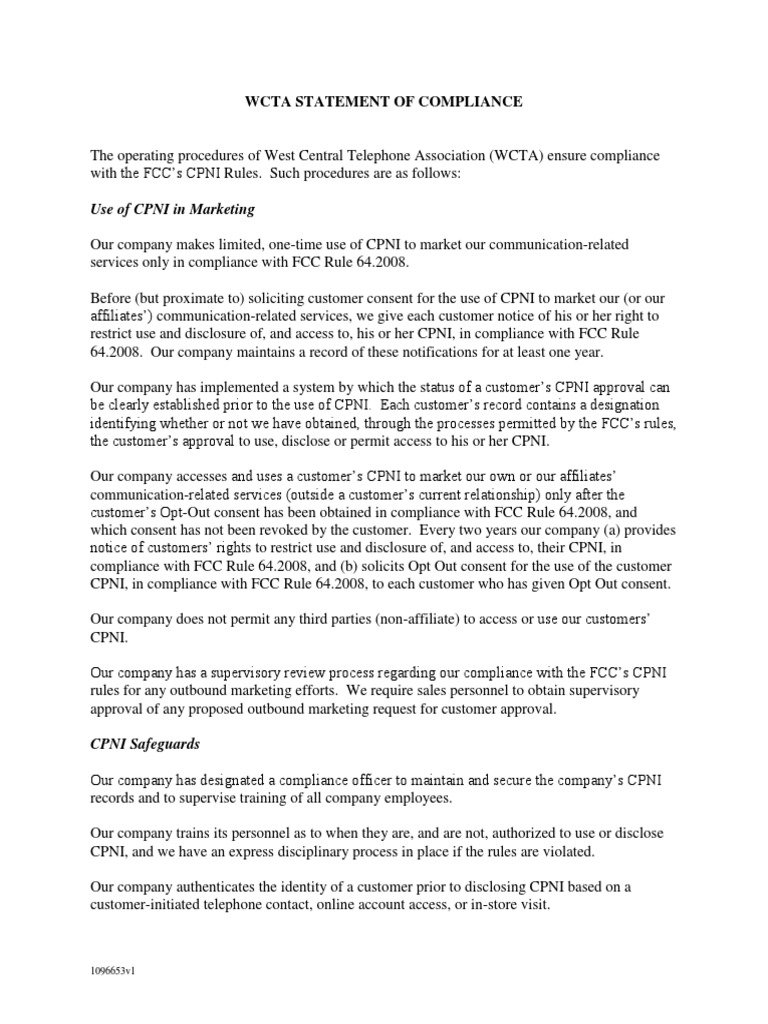 WCTA CPNI Compliance Statement | PDF | Federal Communications ...