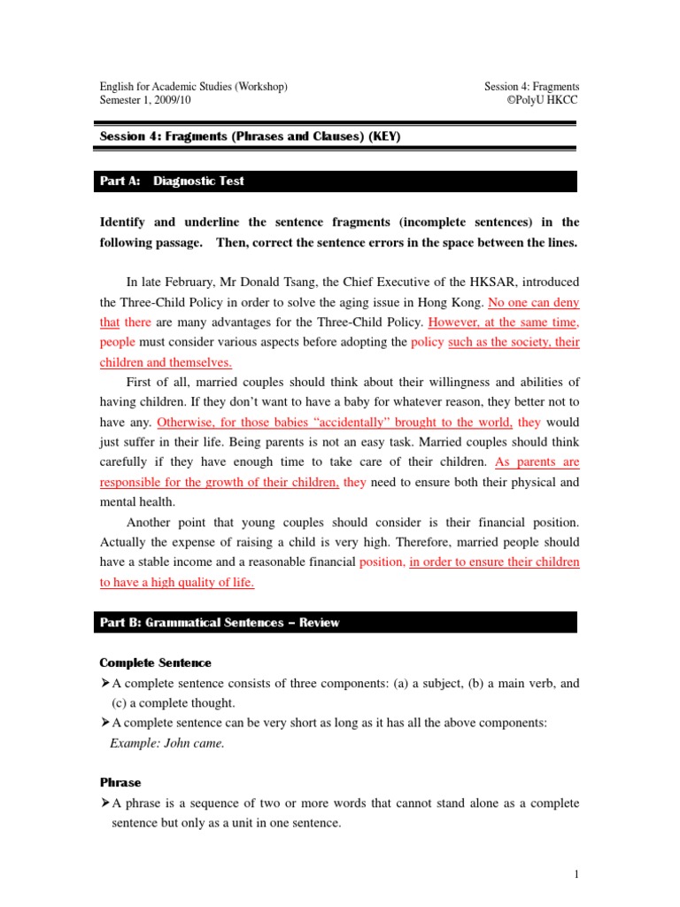 Session 4: Fragments (Phrases and Clauses) (KEY) : Part A: Diagnostic ...