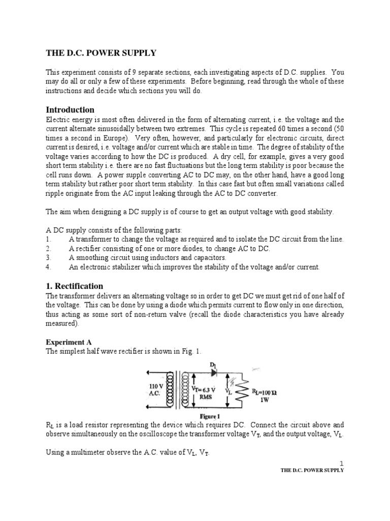 The D.C. Power Supply: Experiment A | PDF | Rectifier | Direct Current