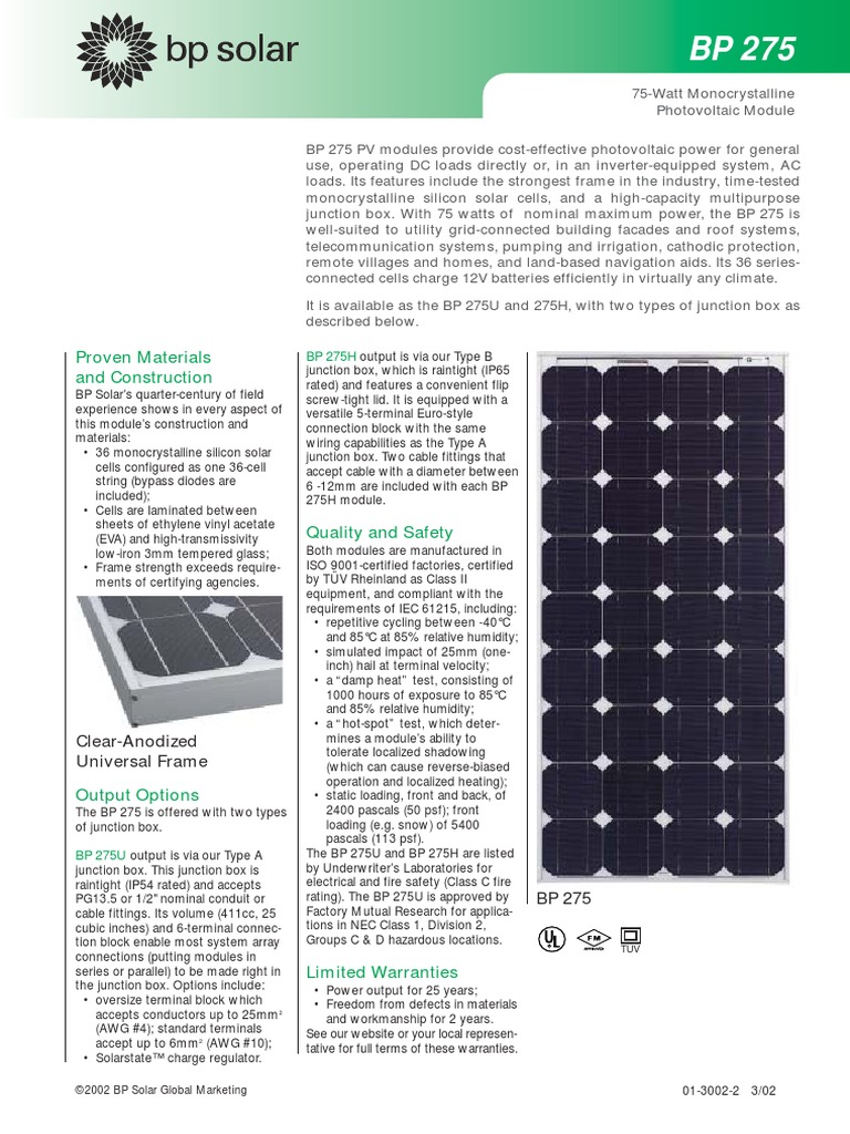 Bp Solar 275u | Solar Panel | Photovoltaics