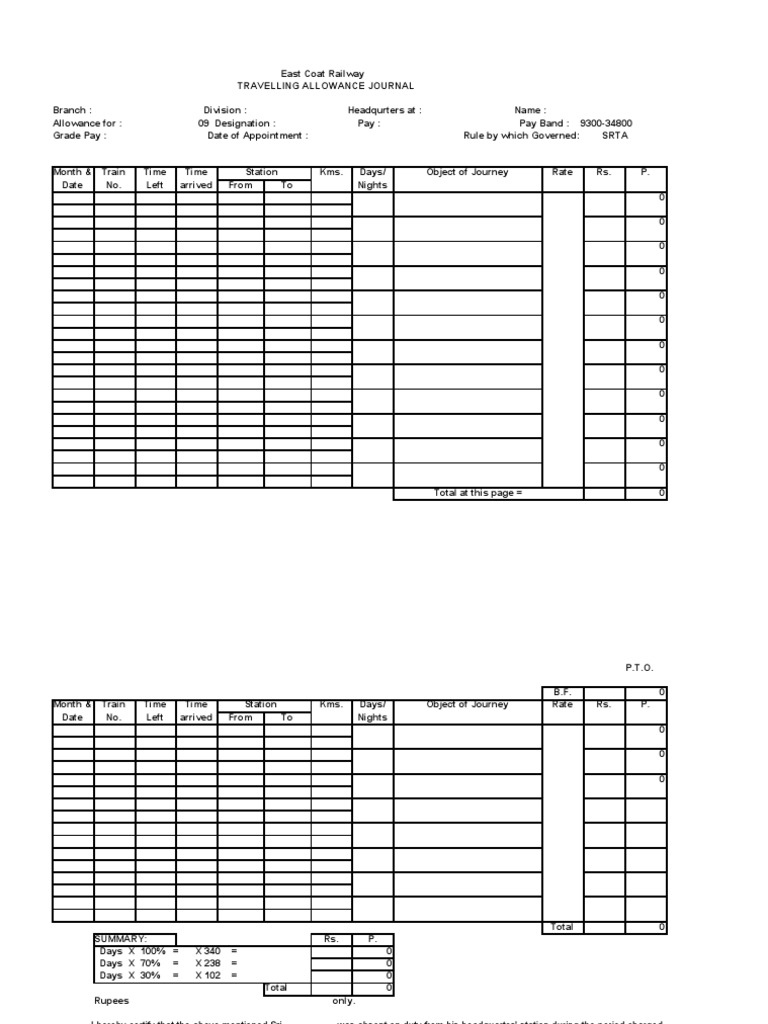 TA Journal Format Used For Claiming Travelling Allowance in Indian ...
