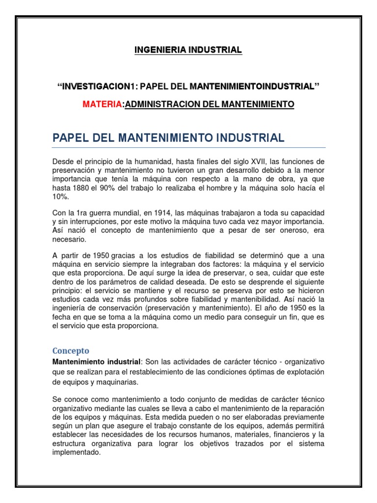 Papel Del Mantenimiento Industrial | PDF | Planificación | Ingeniería de confiabilidad