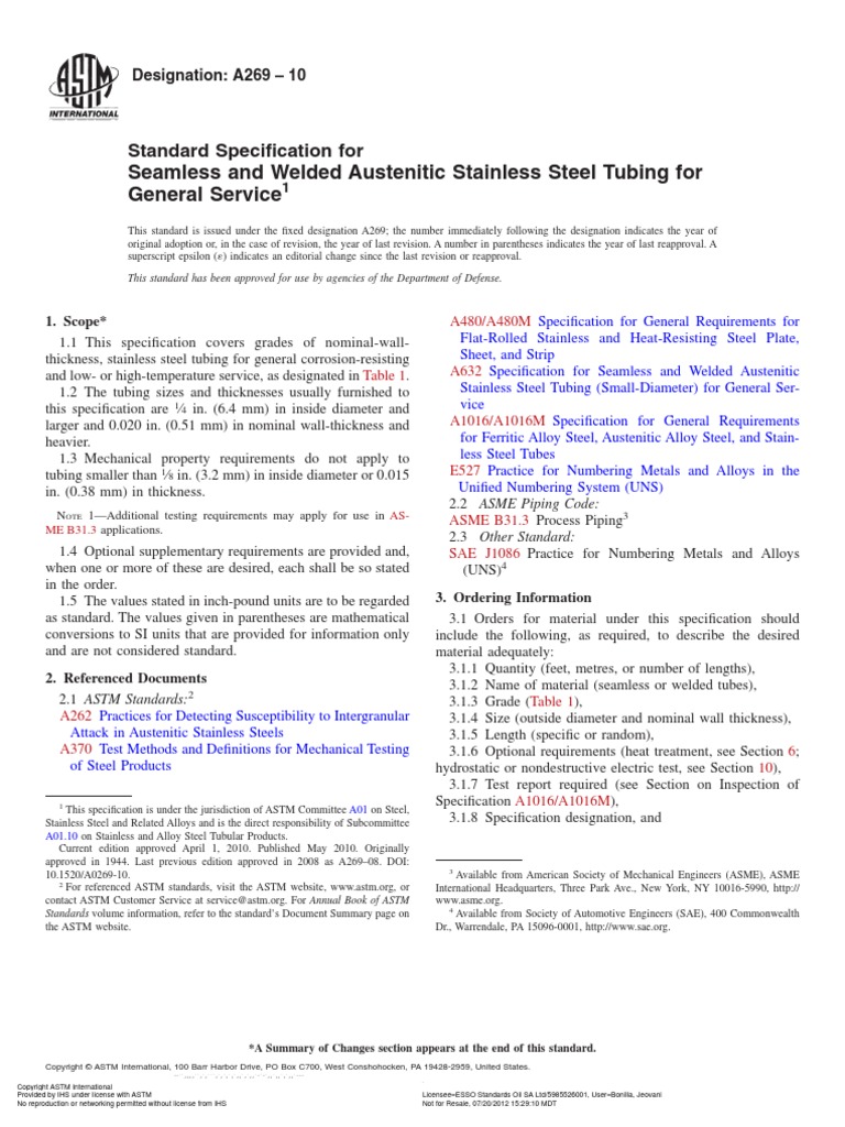 ASTM a 269 Standar Spec. for Seamless and Welded Autenitic SS Tubing ...